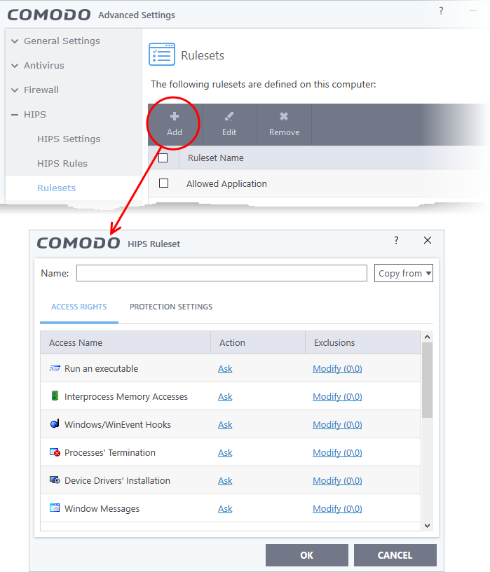 HIPS Rule Sets, Access Rights And Protection Settings | Comodo Client Security